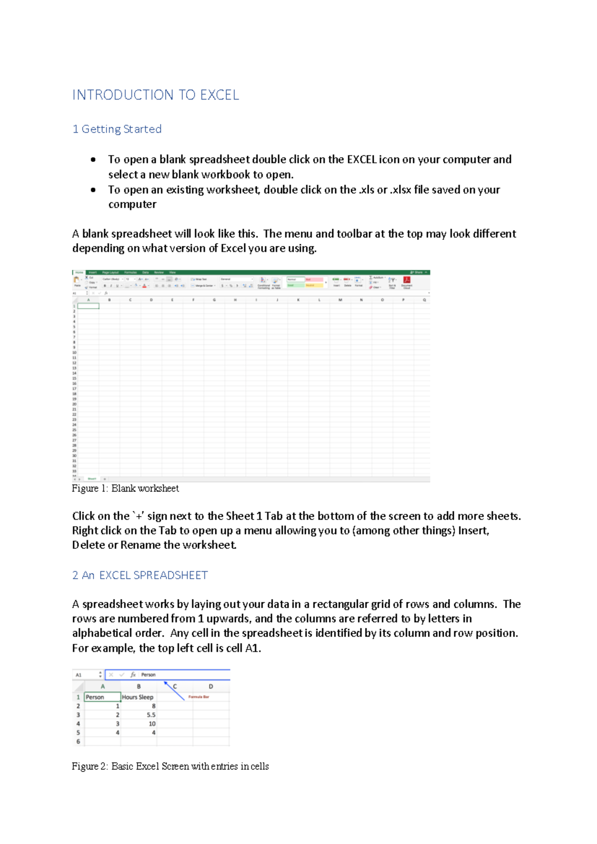 Introduction To Excel - INTRODUCTION TO EXCEL 1 Getting Started To open a blank spreadsheet ...