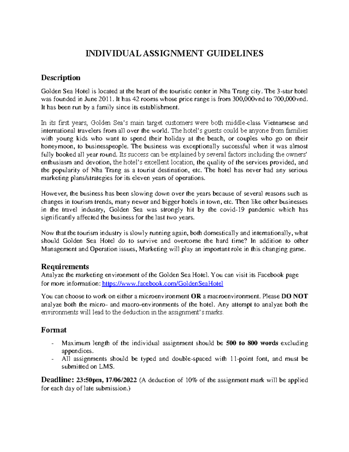 Individual Assignment - Golden SEA Hotel - Summer 2022 - INDIVIDUAL ASSIGNMENT GUIDELINES - Studocu