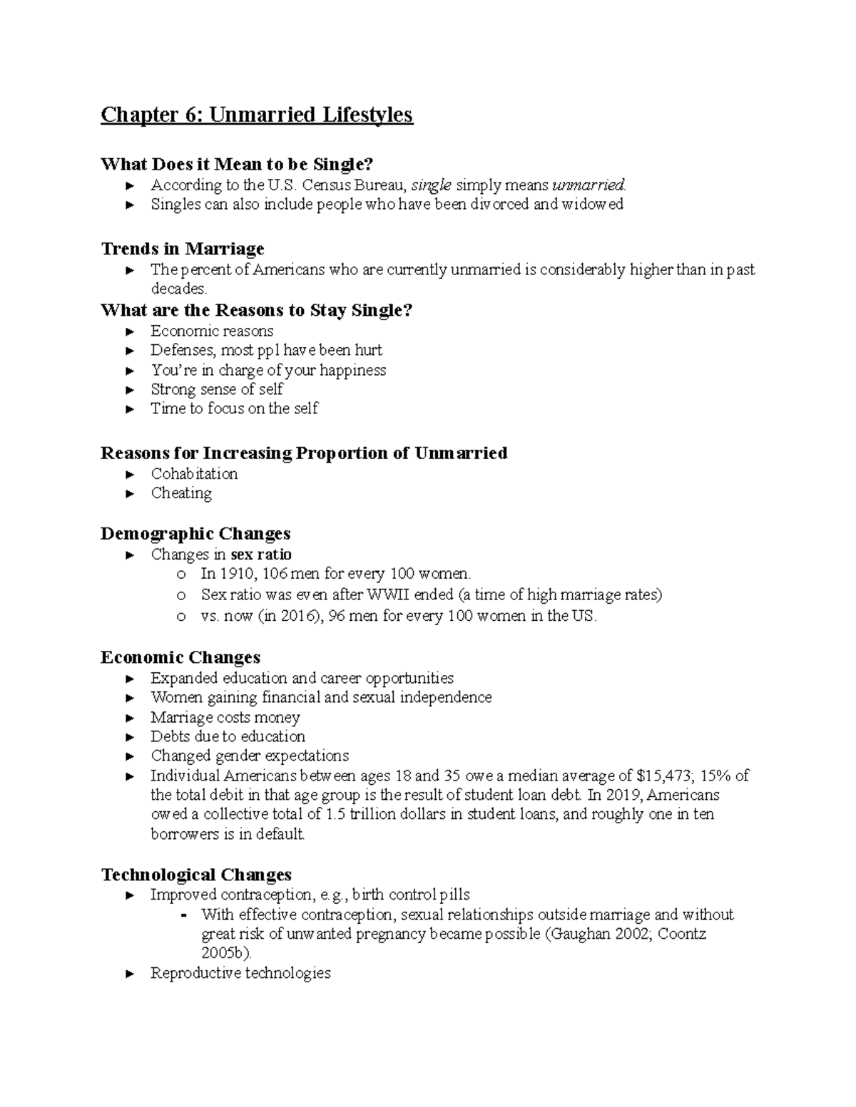 FAD2230- Chapter 6 Notes - Chapter 6: Unmarried Lifestyles What Does it ...