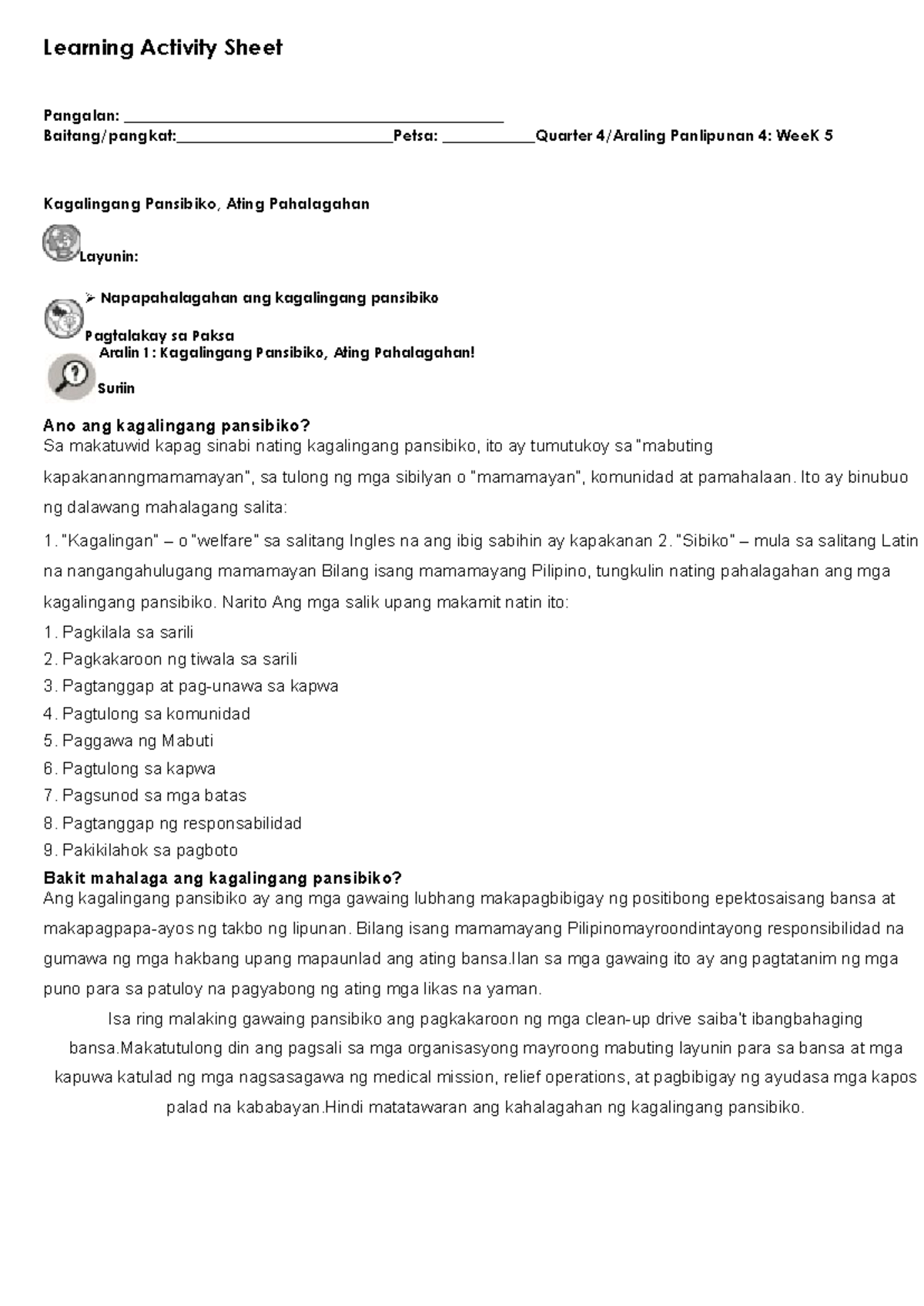 Q4 LAS AP Week 5 - Activity - Learning Activity Sheet Pangalan: - Studocu