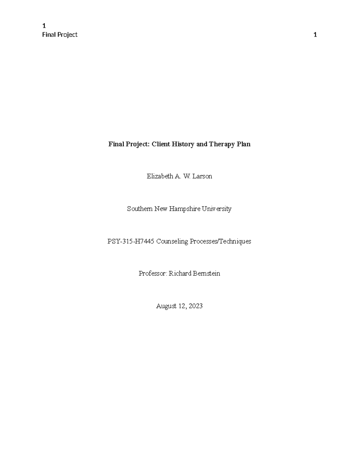 Final Project - W. Larson Southern New Hampshire University PSY-315 ...