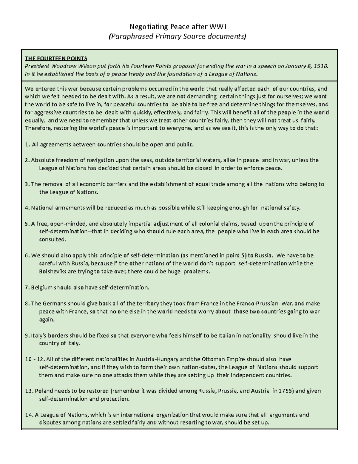 [Template] 14 Points and Treaty of Versailles Primary Source Analysis ...
