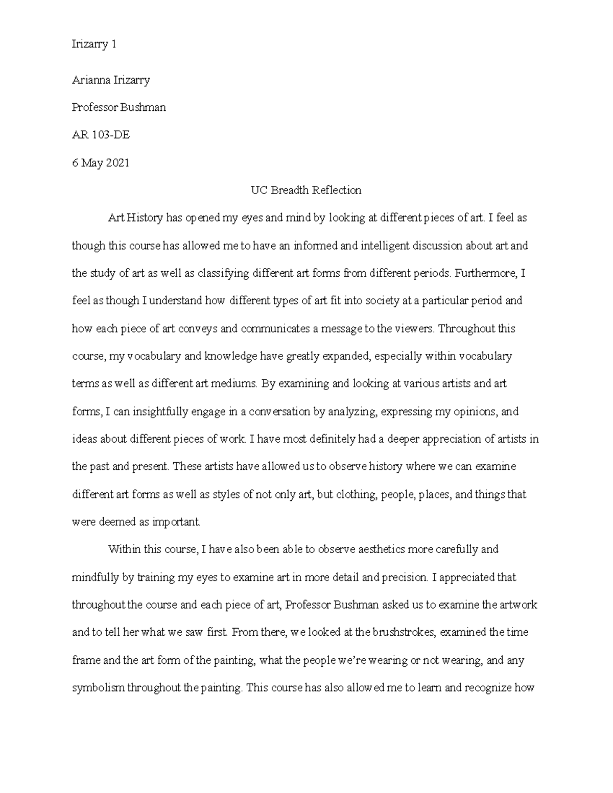 Art History II Breadth Reflection - Irizarry 1 Arianna Irizarry ...