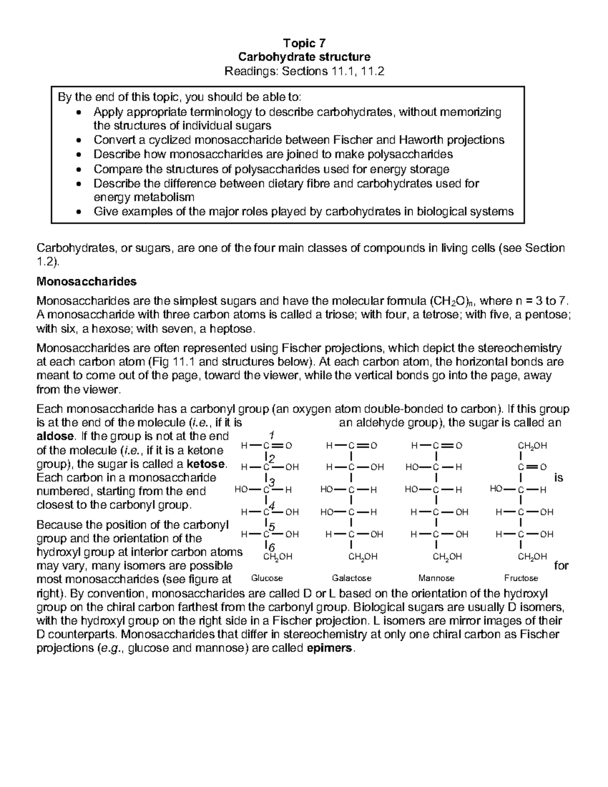Topic+7+Lecture+Notes - Topic 7 Carbohydrate structure Readings ...