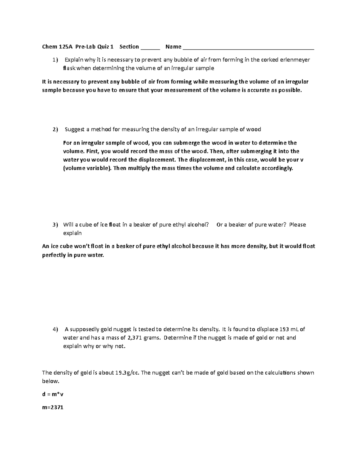 Chem 125A Pre-Quiz 1 - Chem 125A Pre-Quiz 1 - Chem 125A Pre-Lab Quiz 1 ...