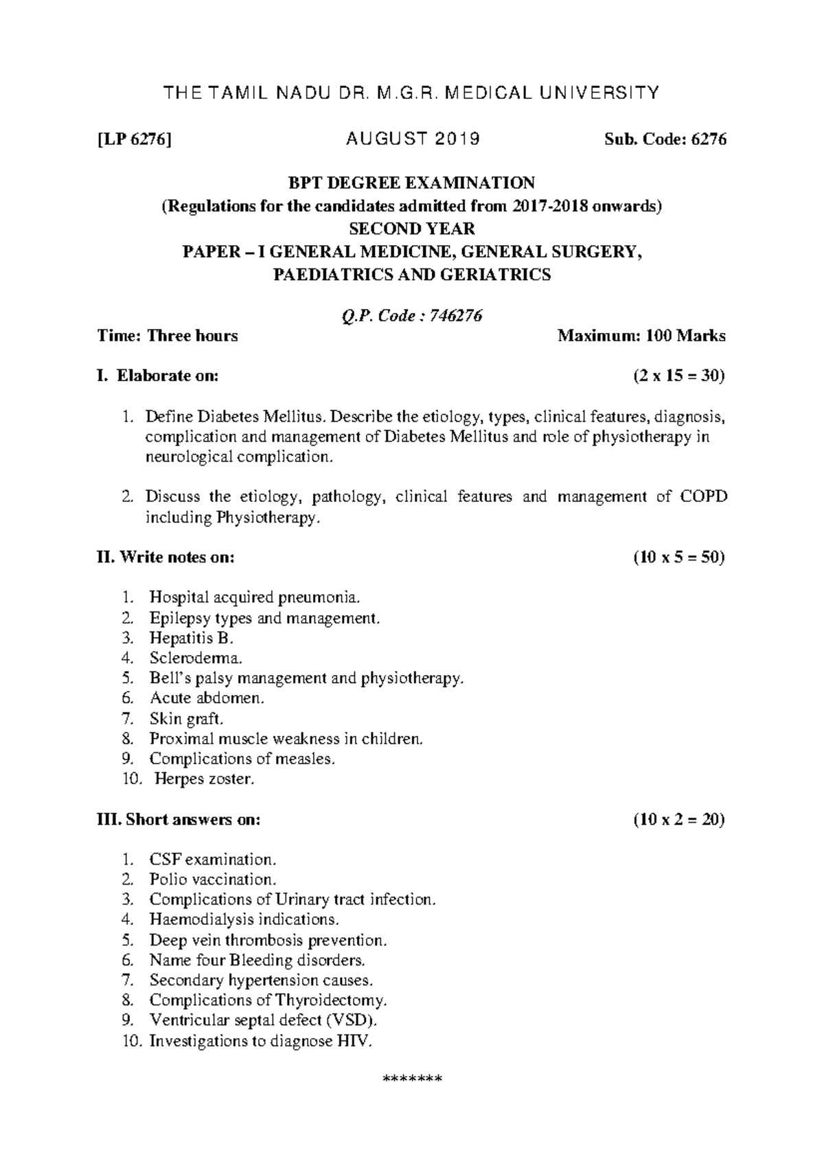 746276 LP - Question paper - [LP 6276] AUGUST 2019 Sub. Code: 6276 BPT ...