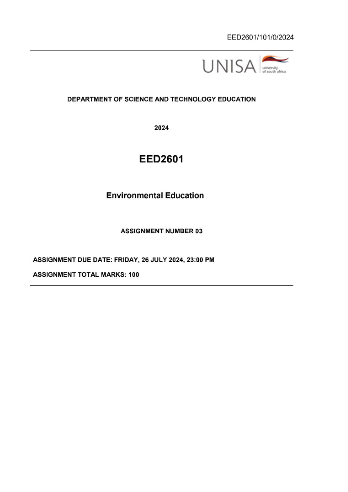 EED2601 Assessment 3 - Good work - UNISA university of south africa ...