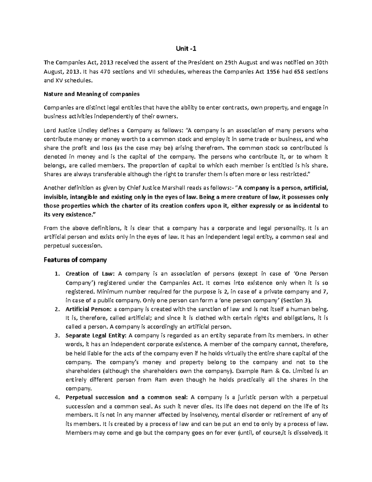 Company law Unit-1 (Part-I) - Unit - The Companies Act, 2013 received ...