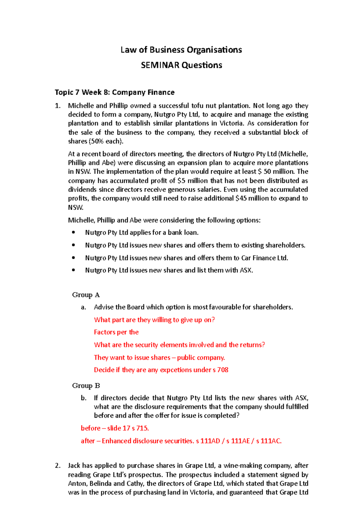 Seminar Questions Week 8 - Law of Business Organisations SEMINAR ...