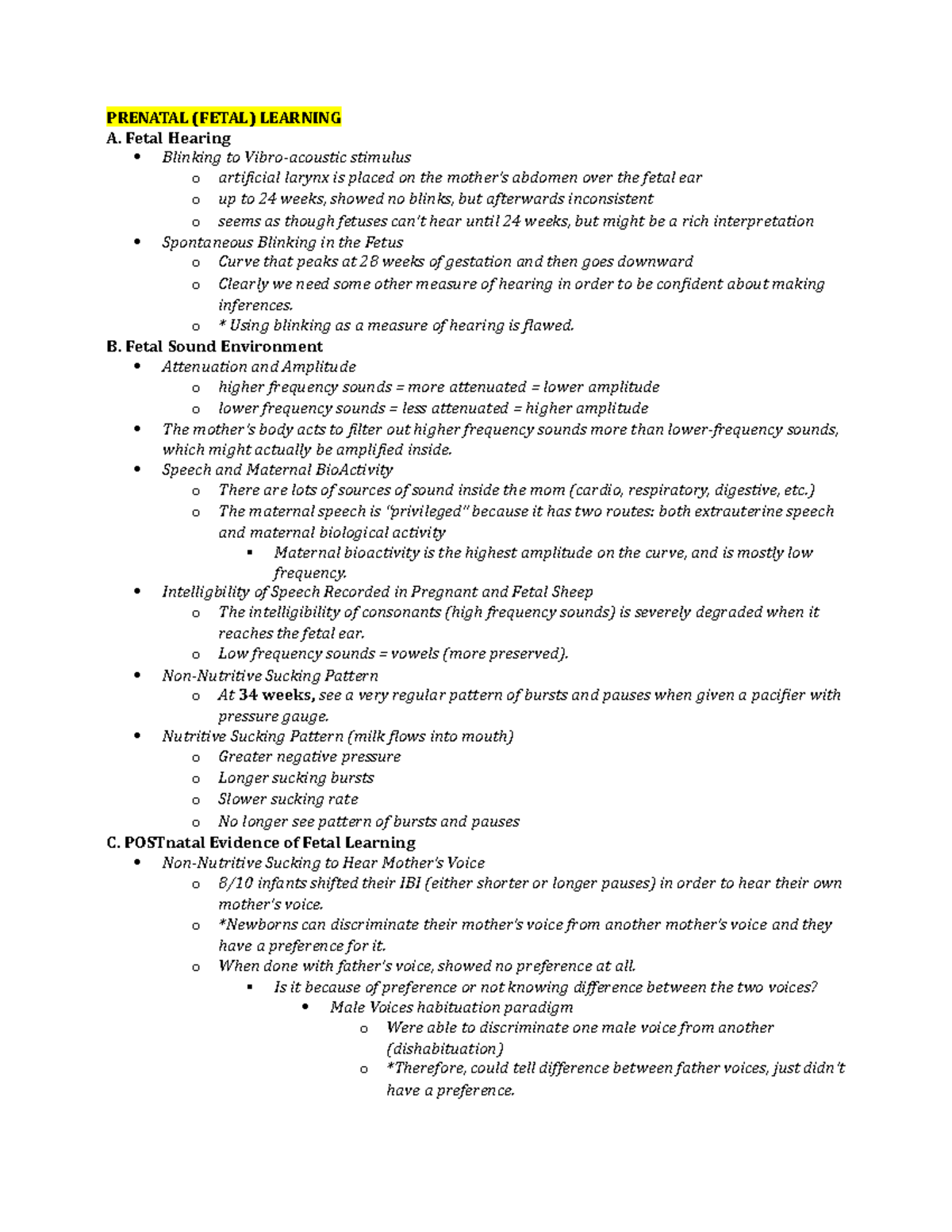 HD 3440 Final Review - PRENATAL (FETAL) LEARNING A. Fetal Hearing ...