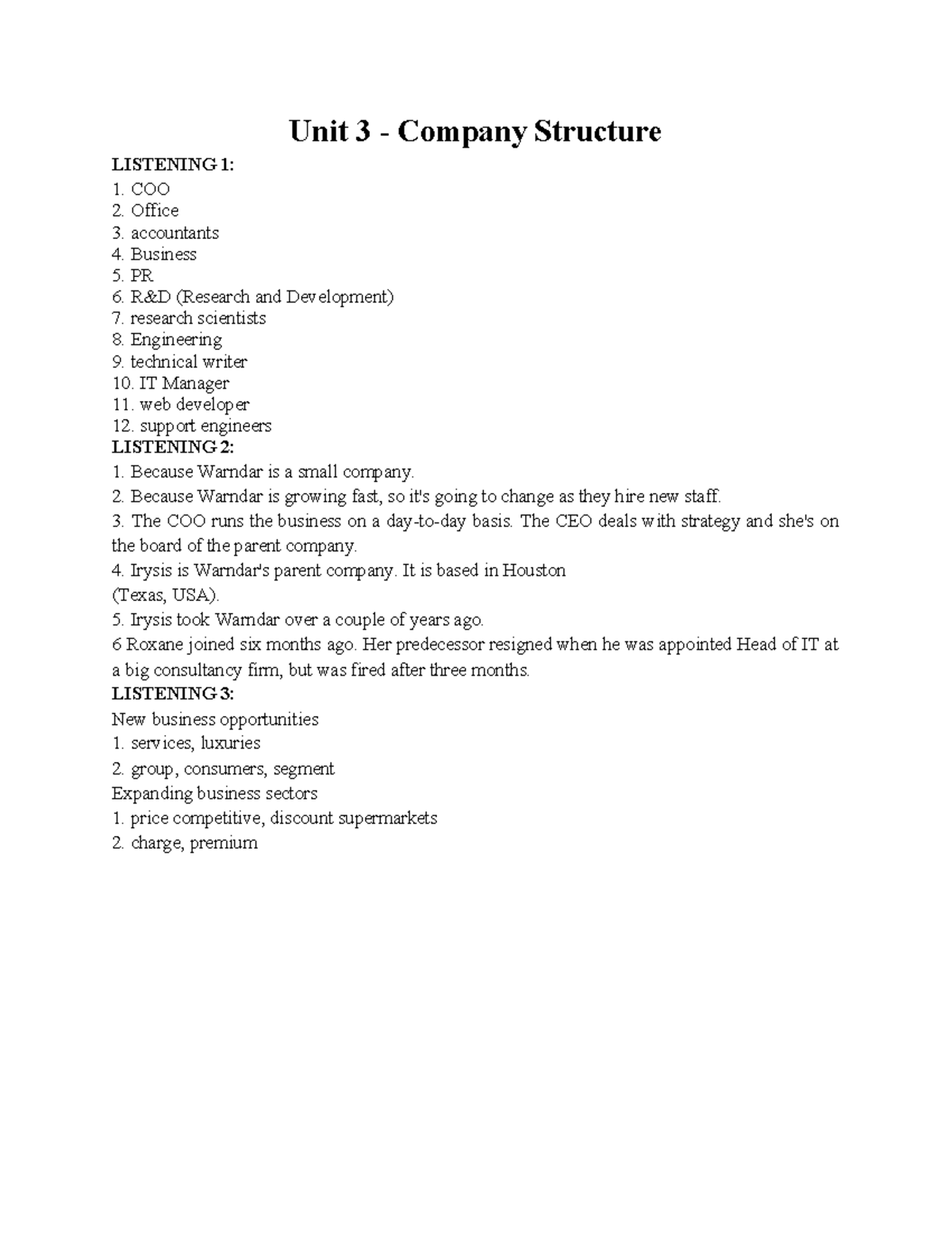 Key unit 3 esp111 - Unit 3 - Company Structure LISTENING 1: 1. COO 2. Office 3. accountants 4 ...