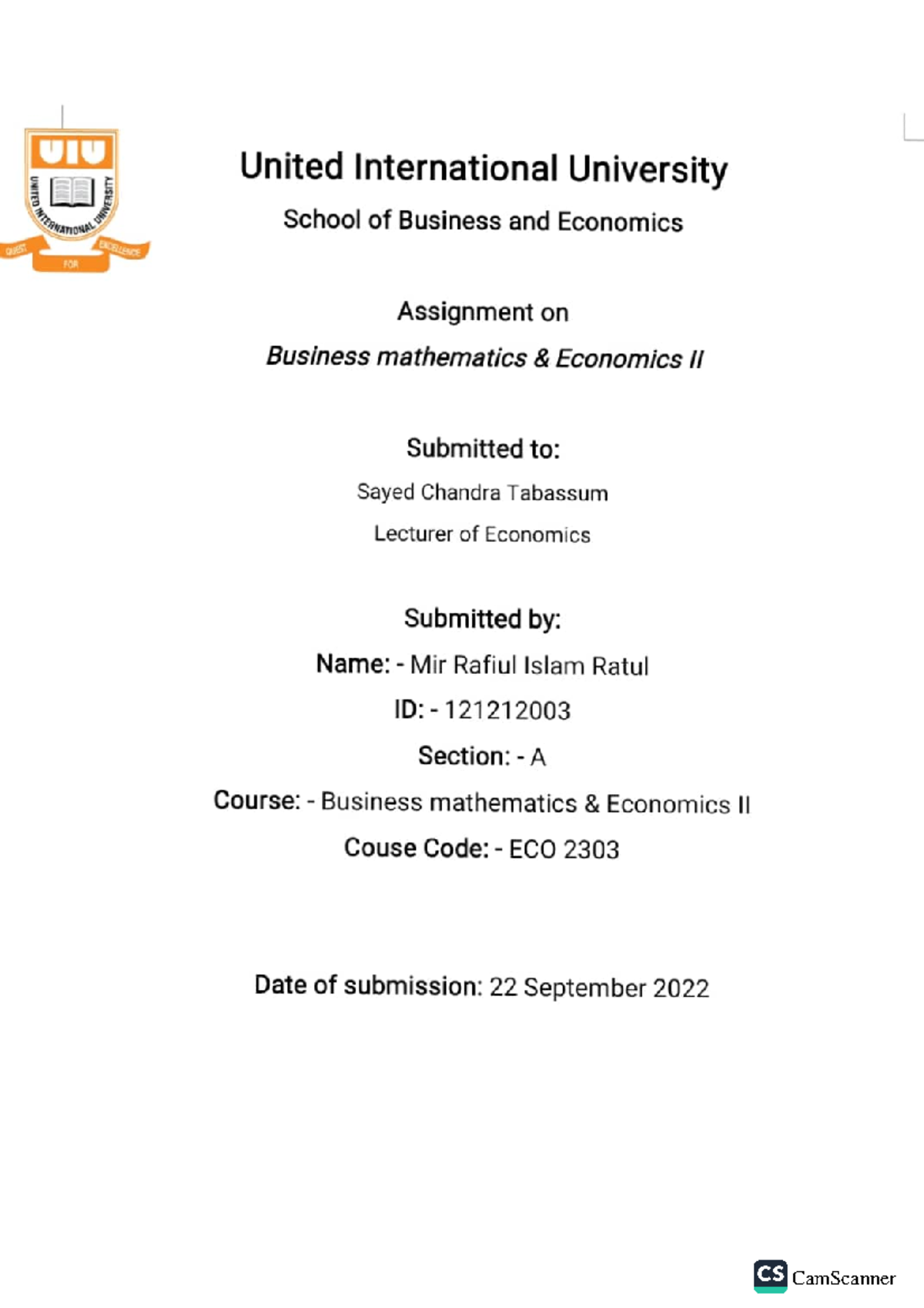 Assignment-2 on Mathematics for Business and Economics II - UIU United International University ...