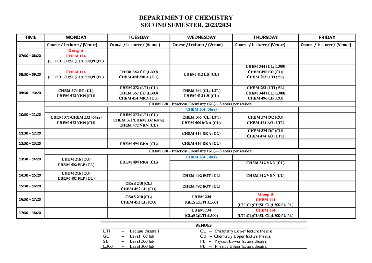 Teaching Timetable Sem2 2023-2024 - DEPARTMENT OF CHEMISTRY SECOND ...