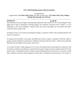 Assignment+2-2021F - ASSIGNMENT QUESTION - CIVL 2160 Modeling systems with uncertainties ...