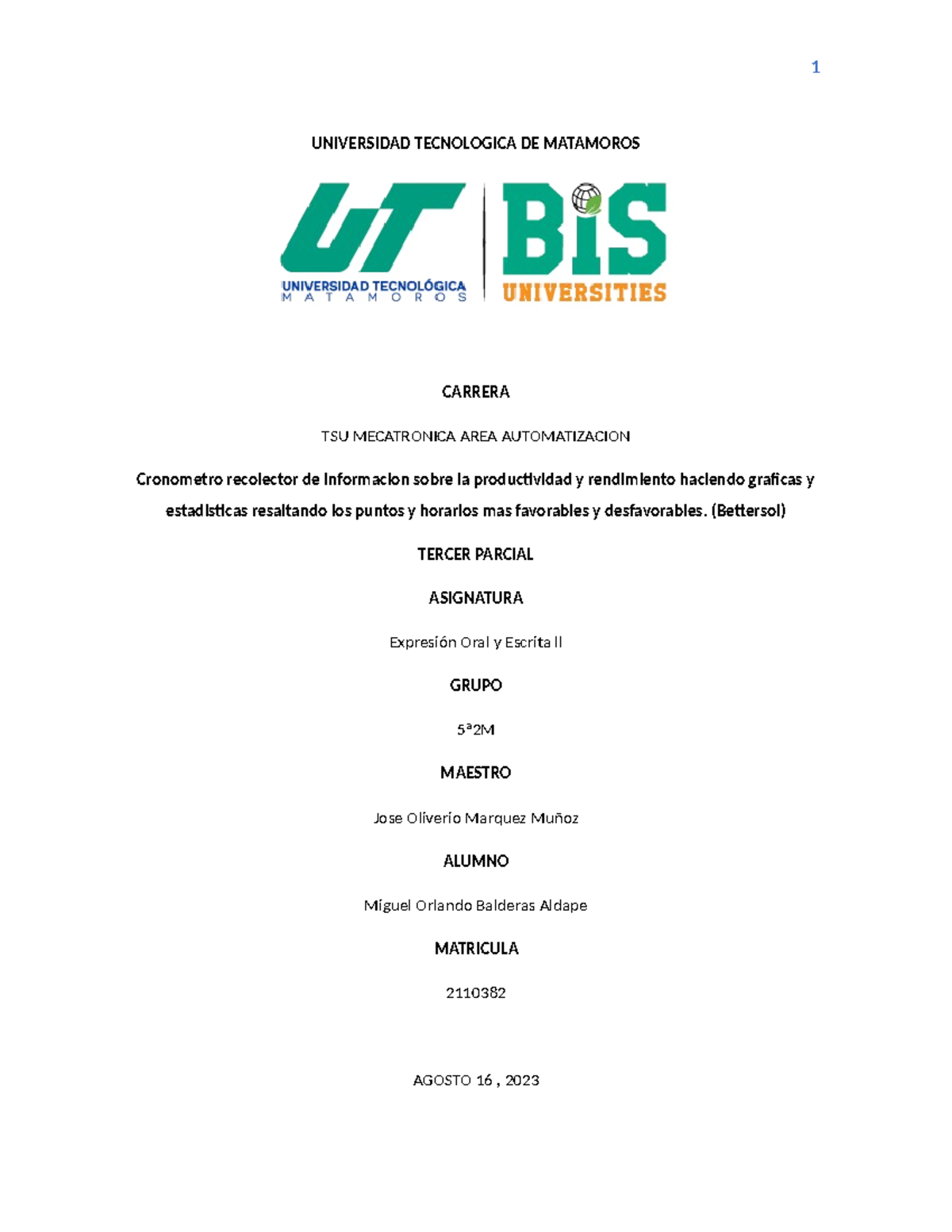 Anteproyecto - UNIVERSIDAD TECNOLOGICA DE MATAMOROS CARRERA TSU ...