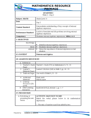 DLL-8 (WEEK 1, DAY 1) - A Detailed Lesson Plan for Grade 8 - Basic ...