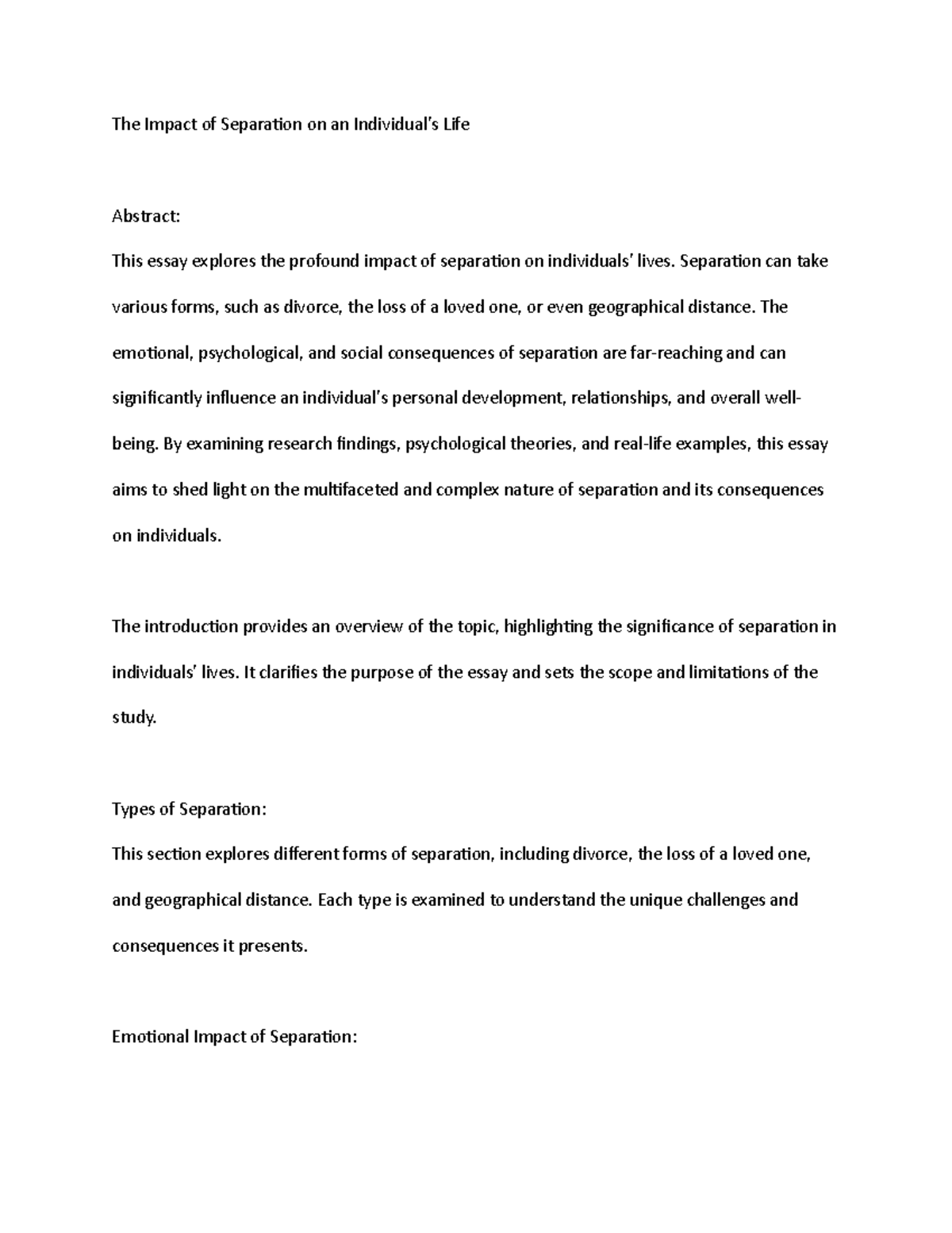 The Impact of Separation on an Individual - Separation can take various ...