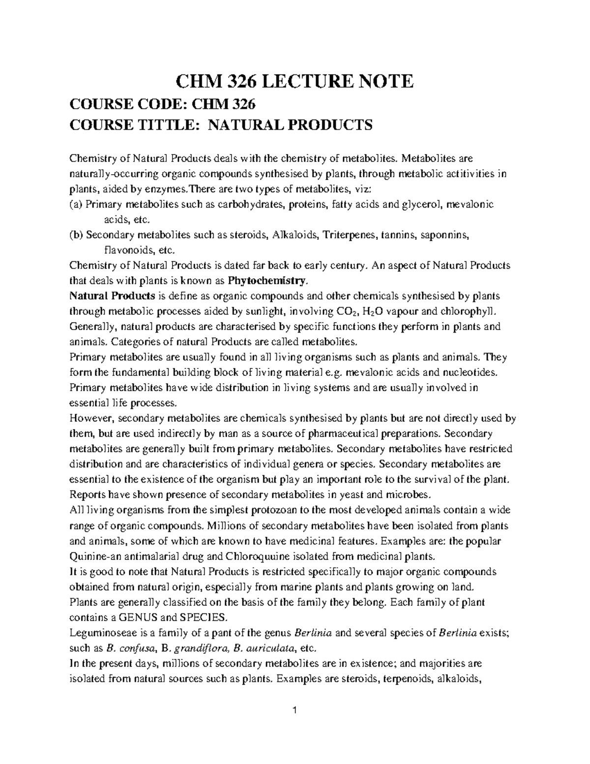 CHM 326 - Its lecture note. - CHM 326 LECTURE NOTE COURSE CODE: CHM 326 ...