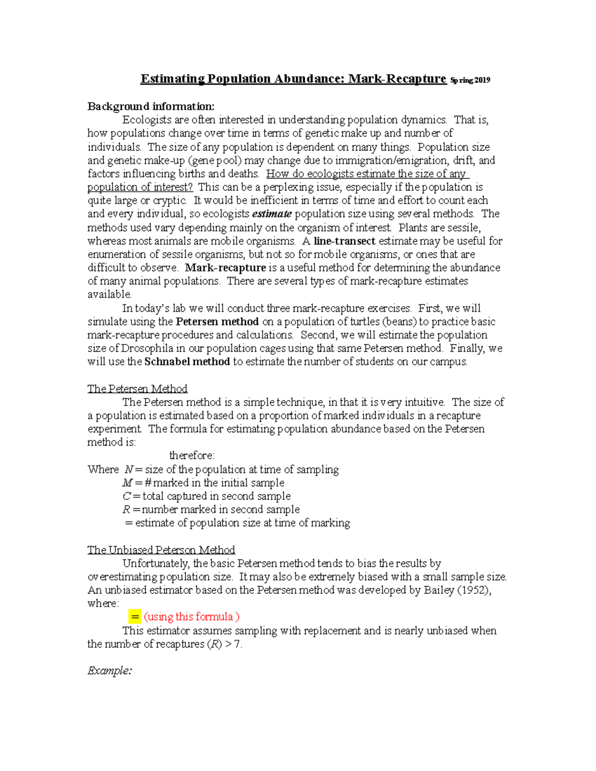 Answers Mark Recapture Worksheet - Estimating Population Abundance ...