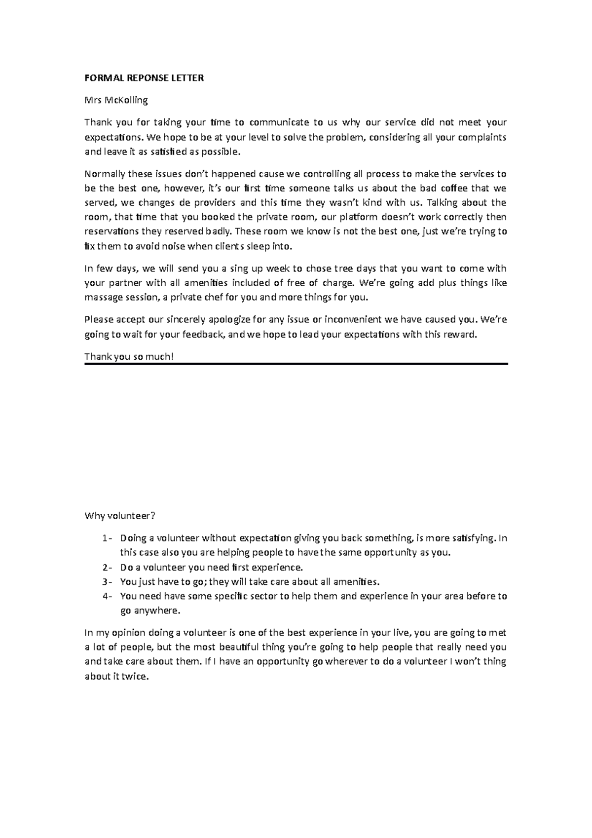 Formal Reponse Letter - FORMAL REPONSE LETTER Mrs McKolling Thank you ...