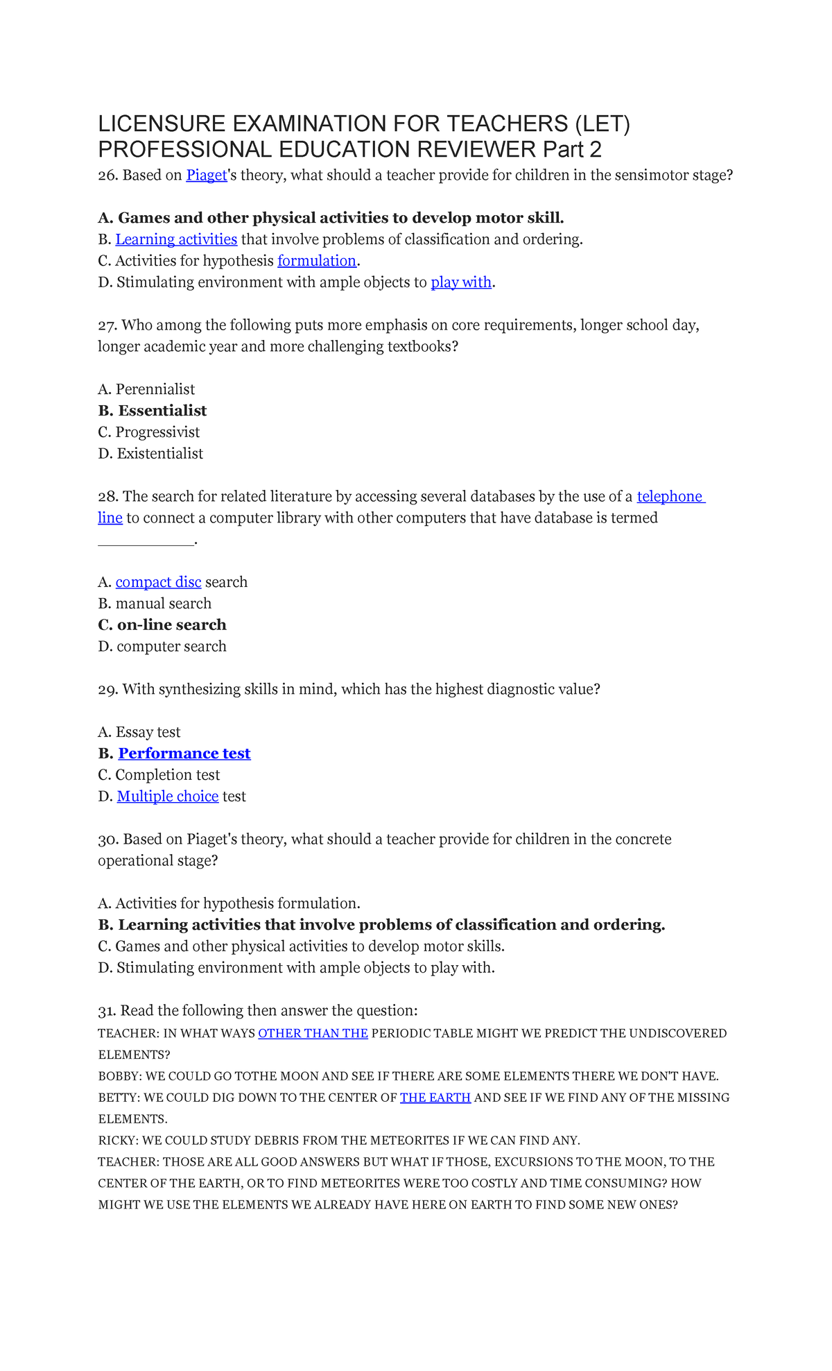 PART 2 - Answer Key Teaching Profession Modules - LICENSURE EXAMINATION ...