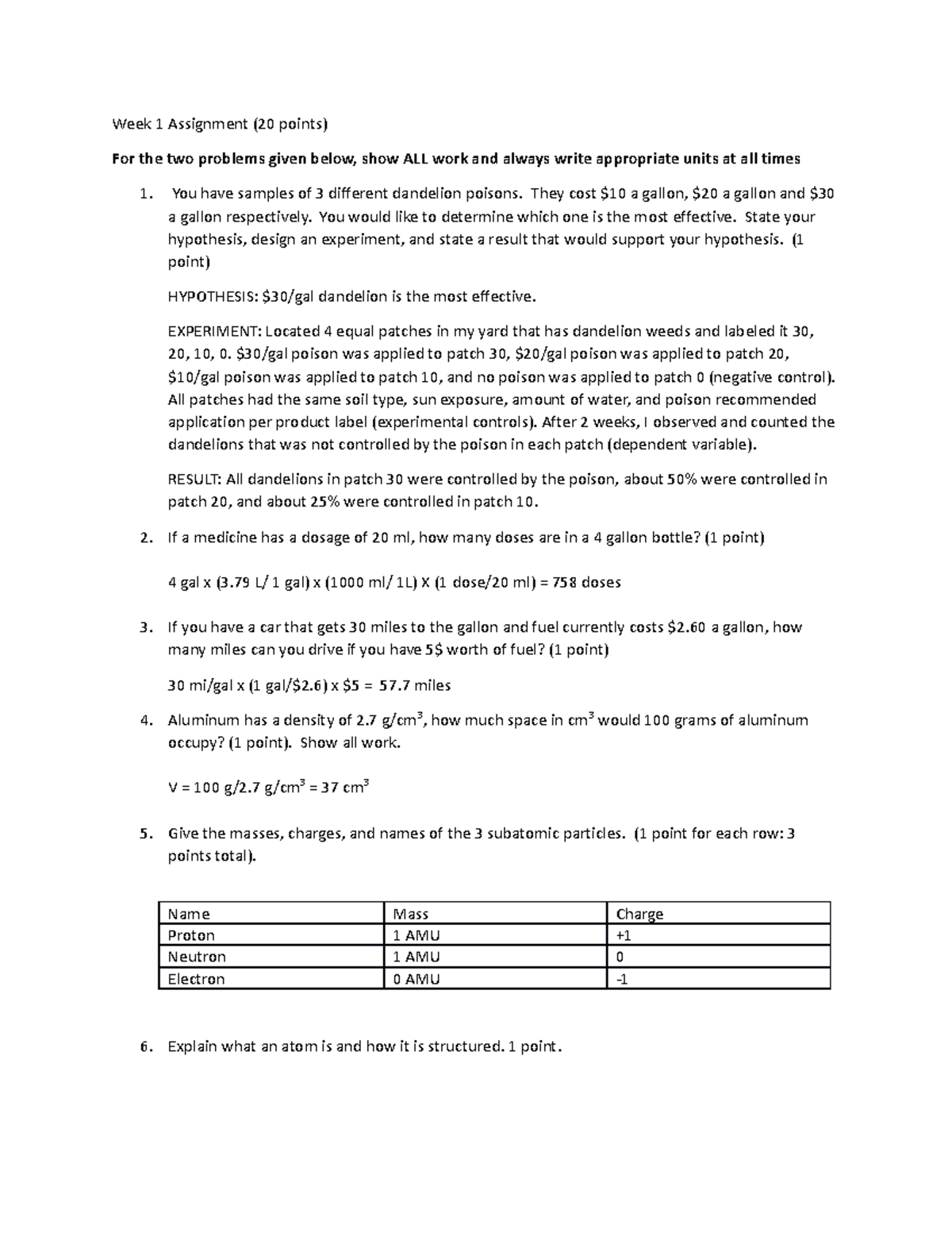 WEEK 1 Assignment - CHEM-120 - Chamberlain University - Studocu