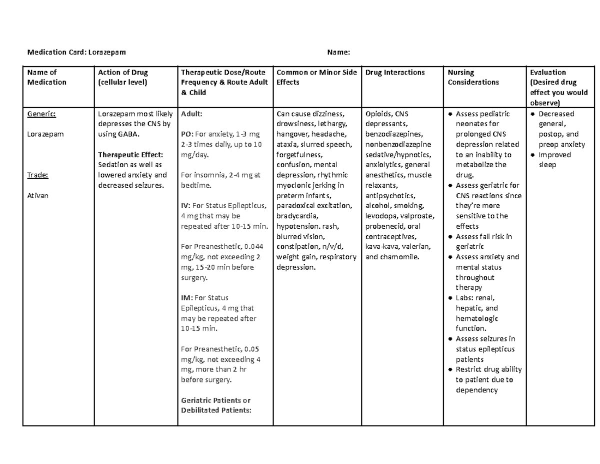 Lorazepam Medication Card - Medication Card: Lorazepam Name: Name of ...