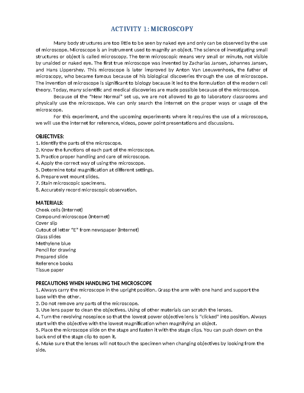 Anaphy Lab Activity 1 Microscopy - ACTIVITY 1: MICROSCOPY Many body ...