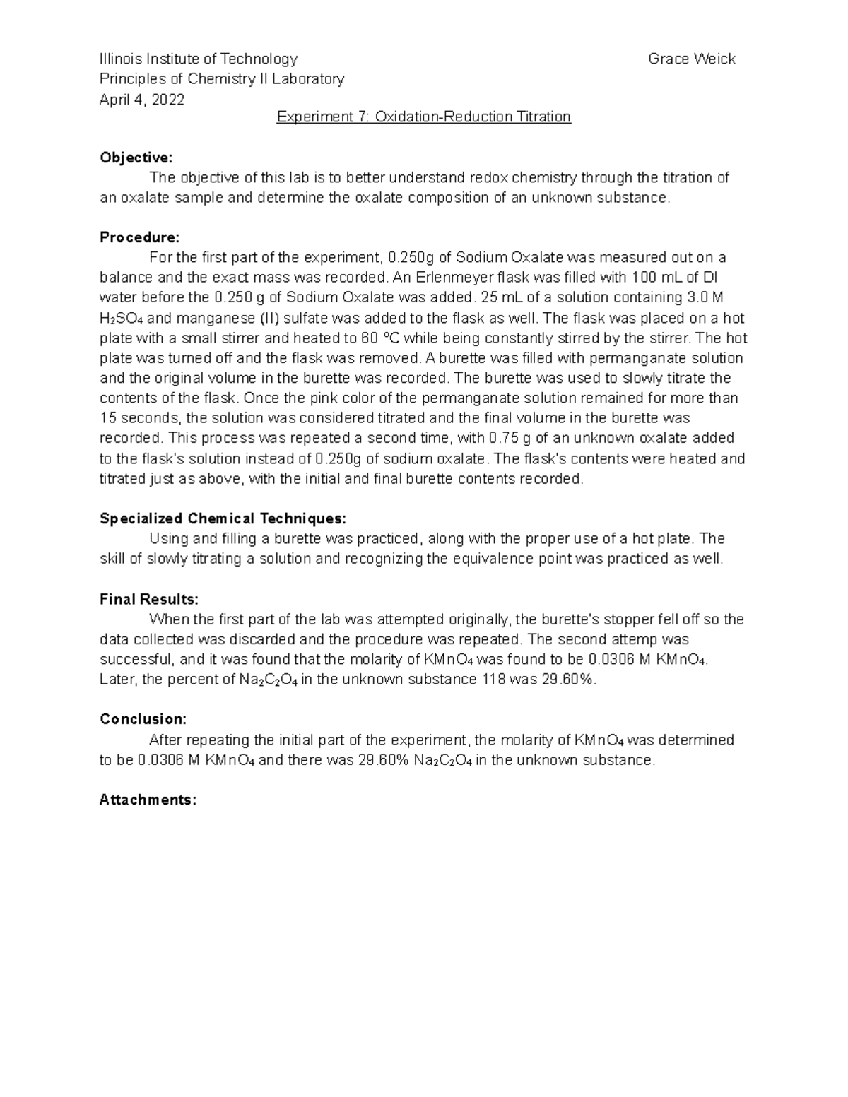 Chem II lab 7 Report - Principles of Chemistry II Laboratory April 4 ...