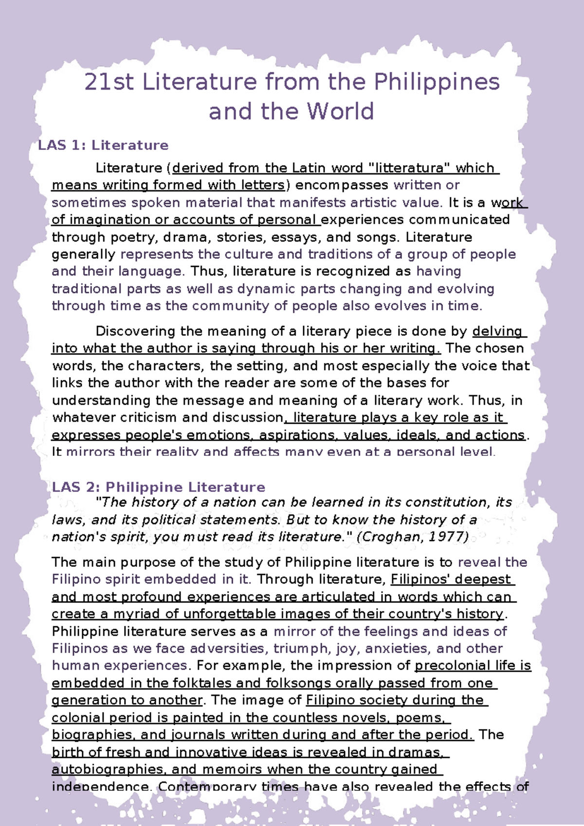 21st century reviewer - LAS 1: Literature 21st Literature from the ...