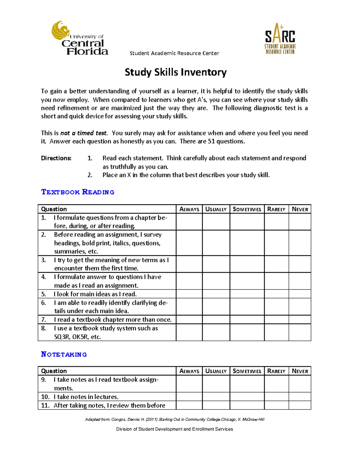 Inventory of College Level Study Skills 11 - Adapted from: Congos ...