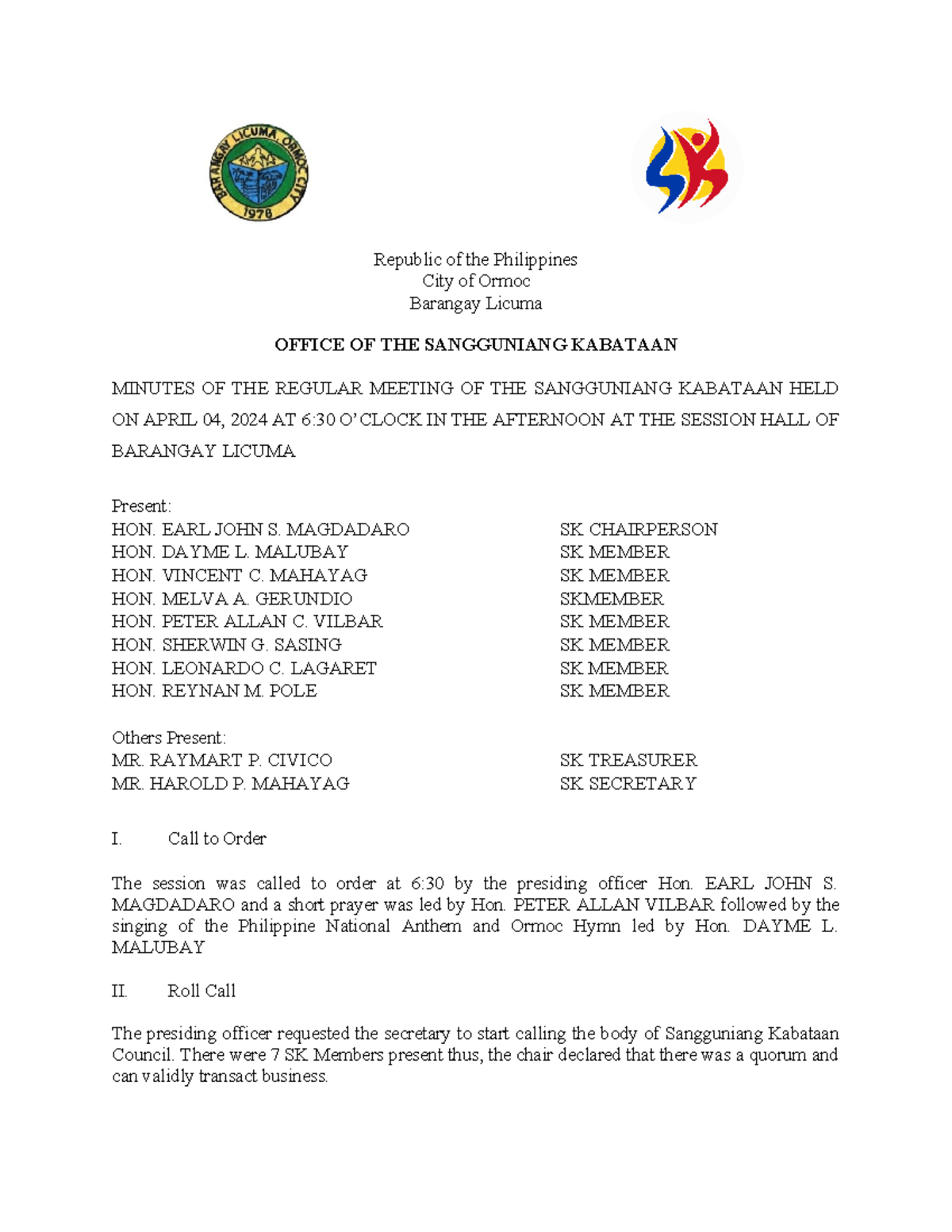 MINUTES FORMAT FOR MEETING SESSION - Republic of the Philippines City ...