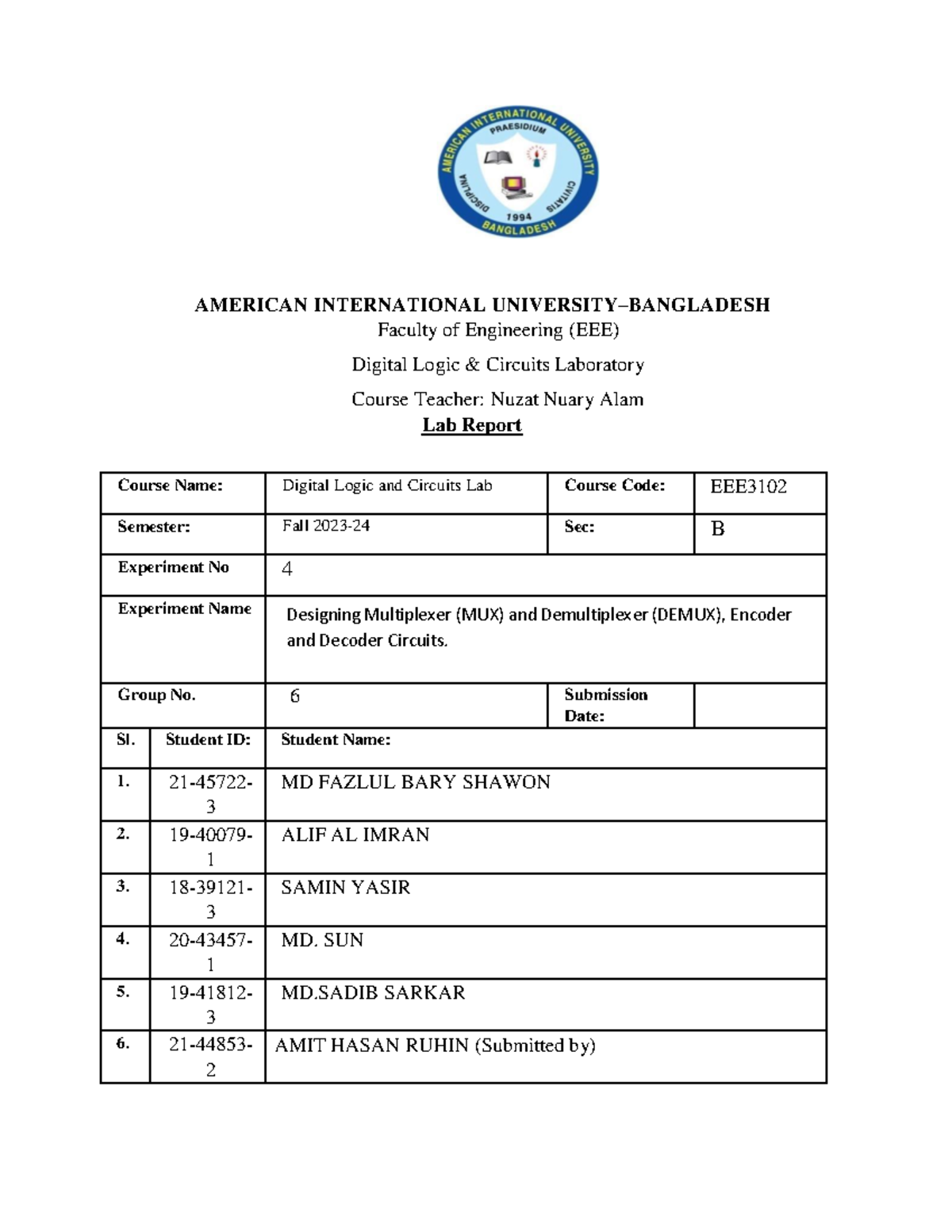 DLC LAB-04 - Lab rep - AMERICAN INTERNATIONAL UNIVERSITY–BANGLADESH ...