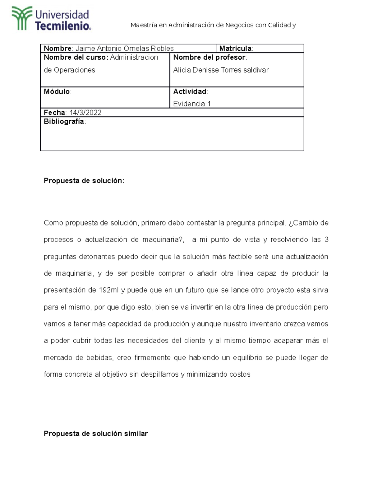 Evidencia 1 administracion de operaciones (desarrollo evidencia 1) - Productividad Maestría en ...