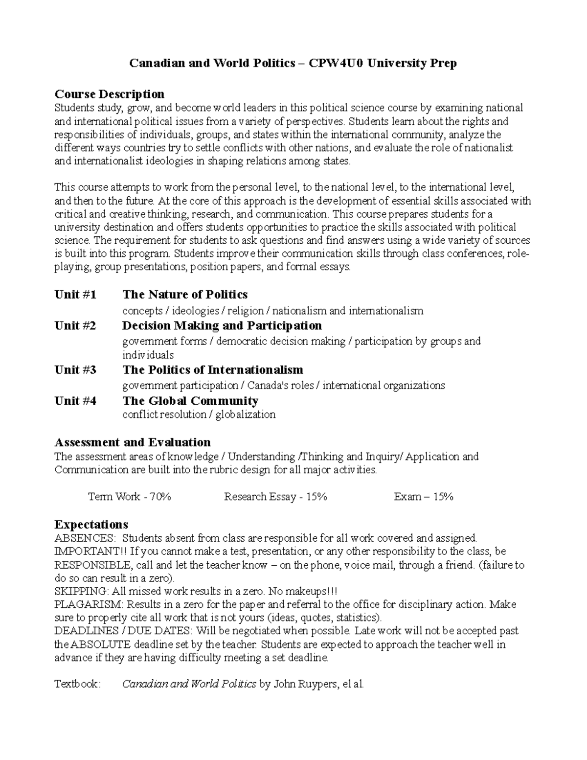 Politics course outline - Canadian and World Politics – CPW4U0 ...