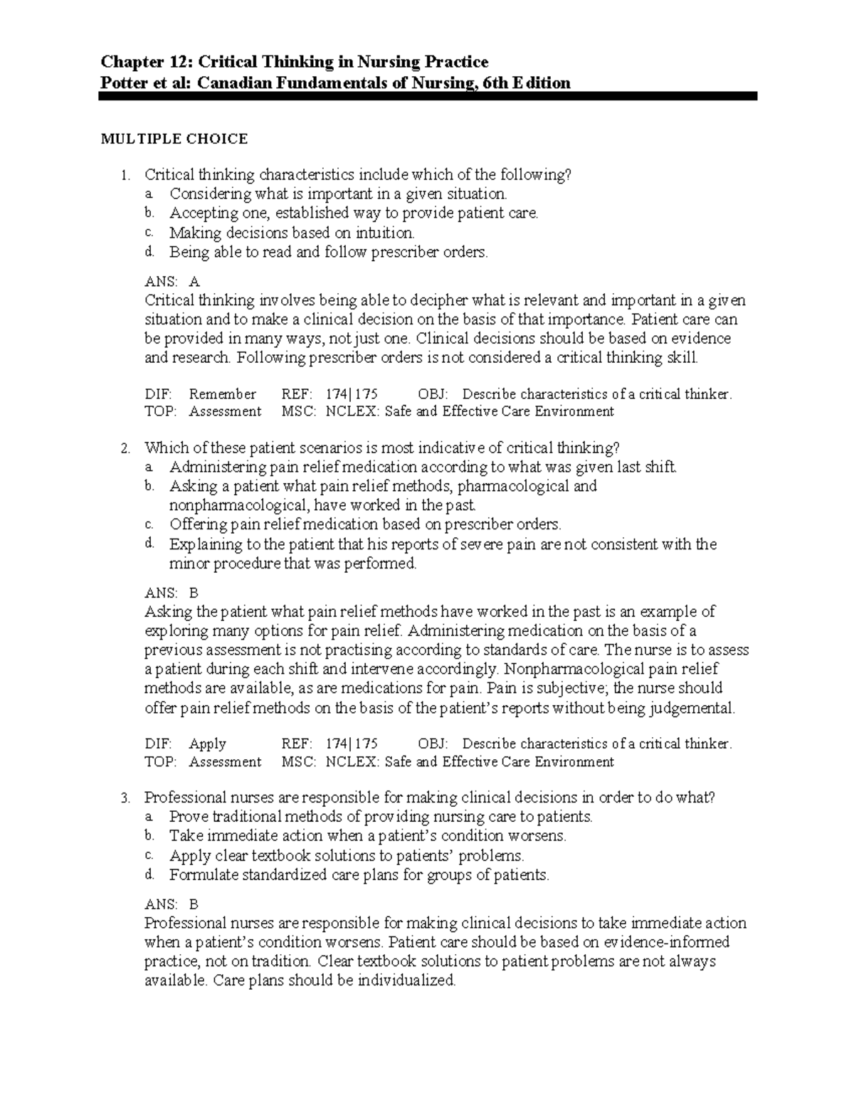 Chapter 12 PDF - TEST - Chapter 12: Critical Thinking in Nursing ...