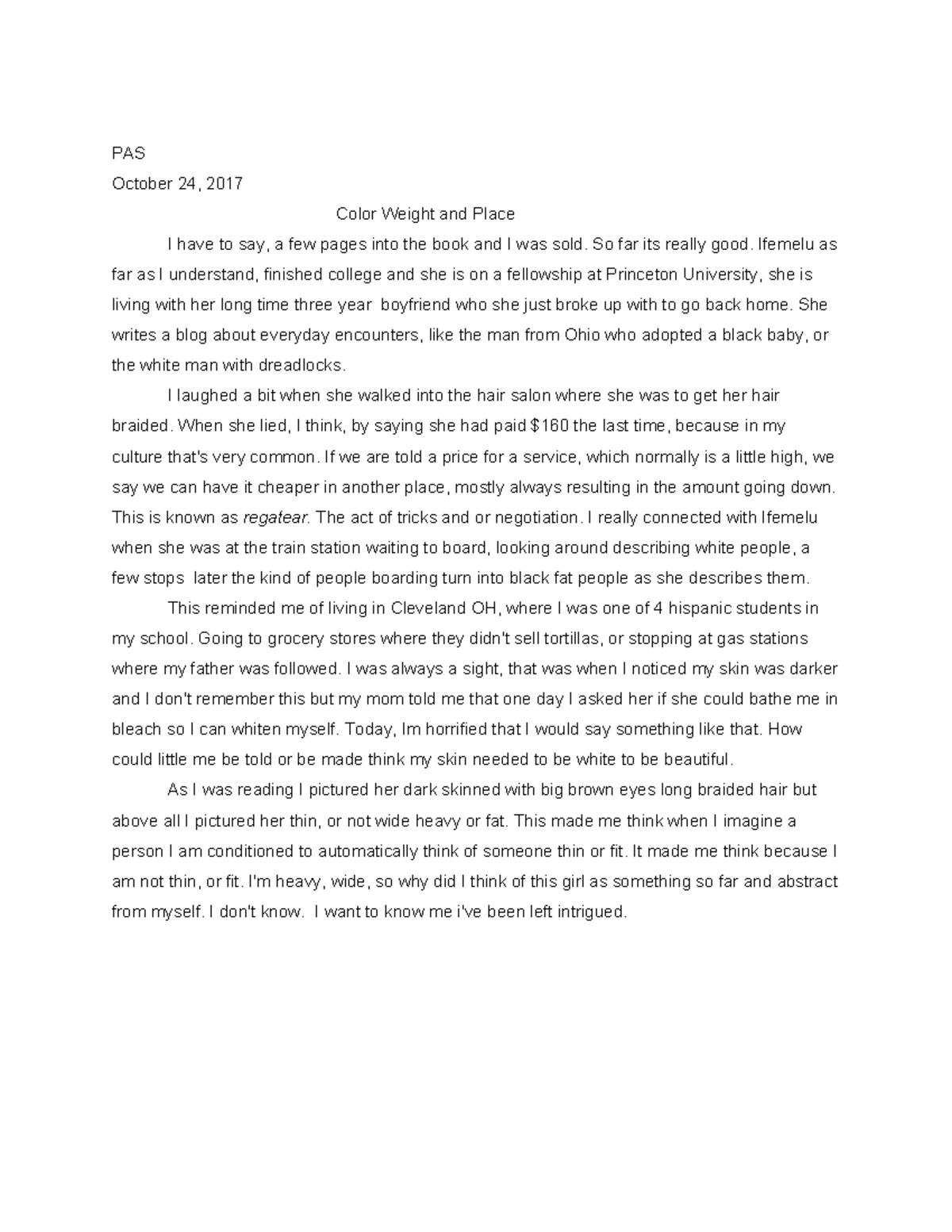 The bluest eyes Ch. 1. Summary - PAS October 24, 2017 Color Weight and ...