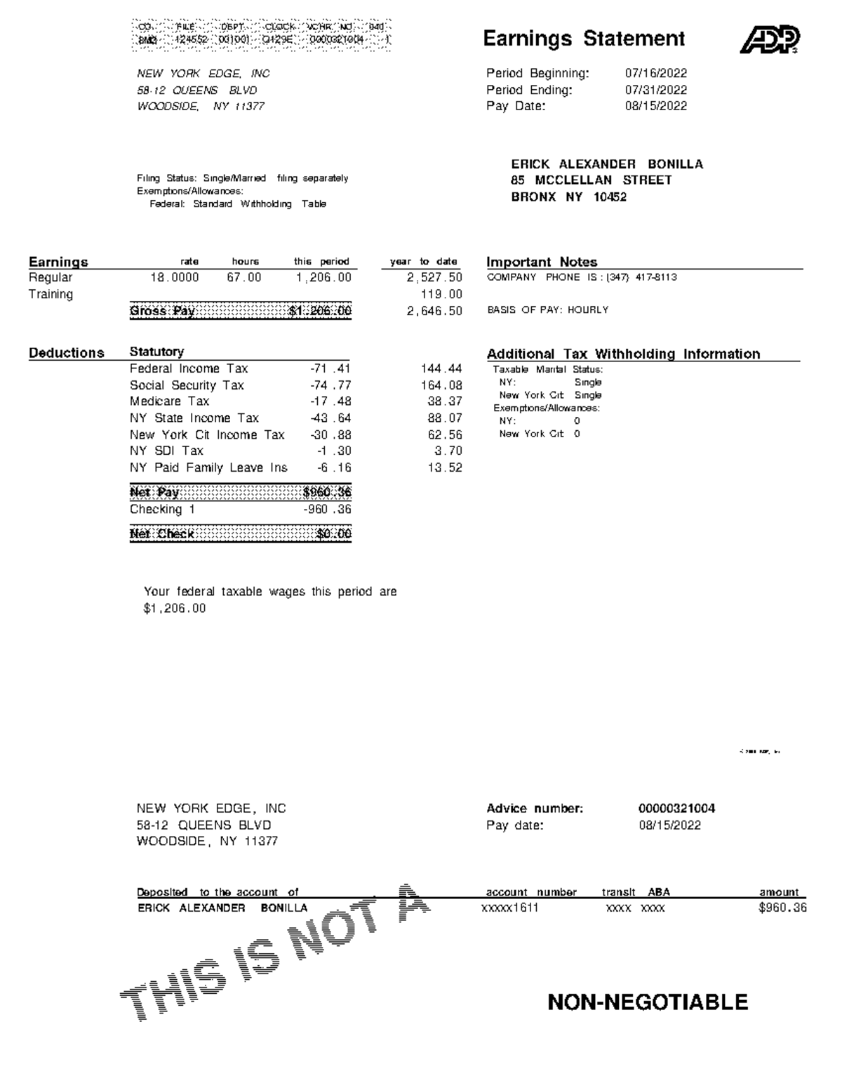 3M8ooo004001230000 r04535544604621 - Earnings Statement 2000 ADP, Inc ...