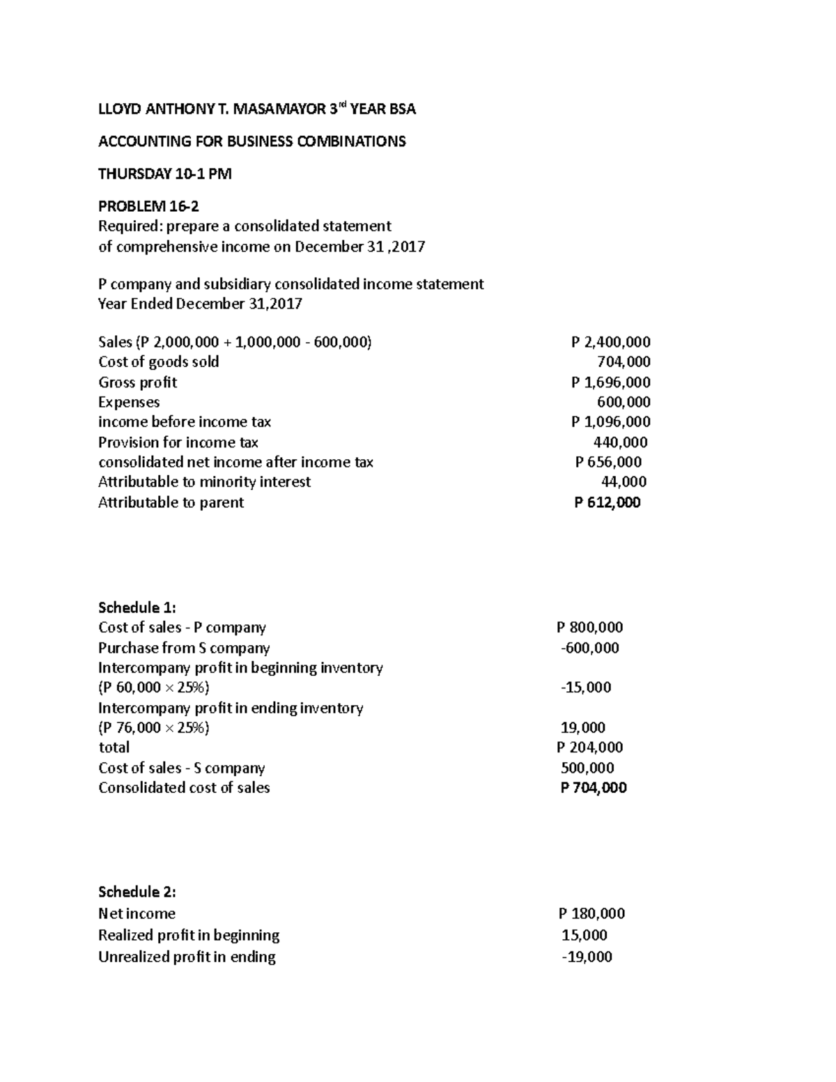 Pre-final Exam in Business Combination - LLOYD ANTHONY T. MASAMAYOR 3rd ...