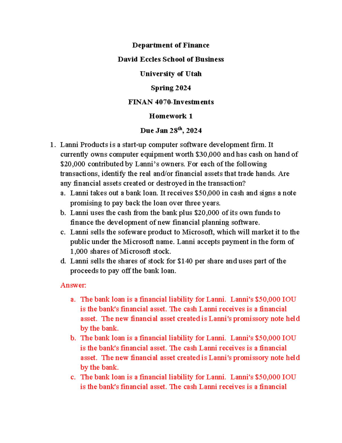 Homework 1 - Solution - Department of Finance David Eccles School of ...