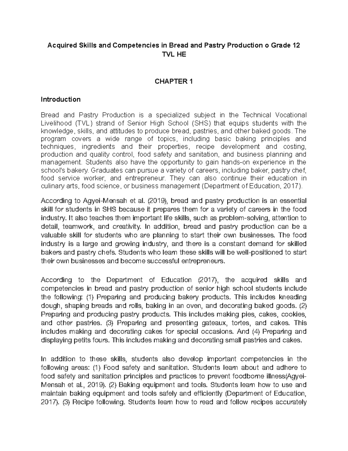 Tvl-he - Research of TVL - Acquired Skills and Competencies in Bread ...