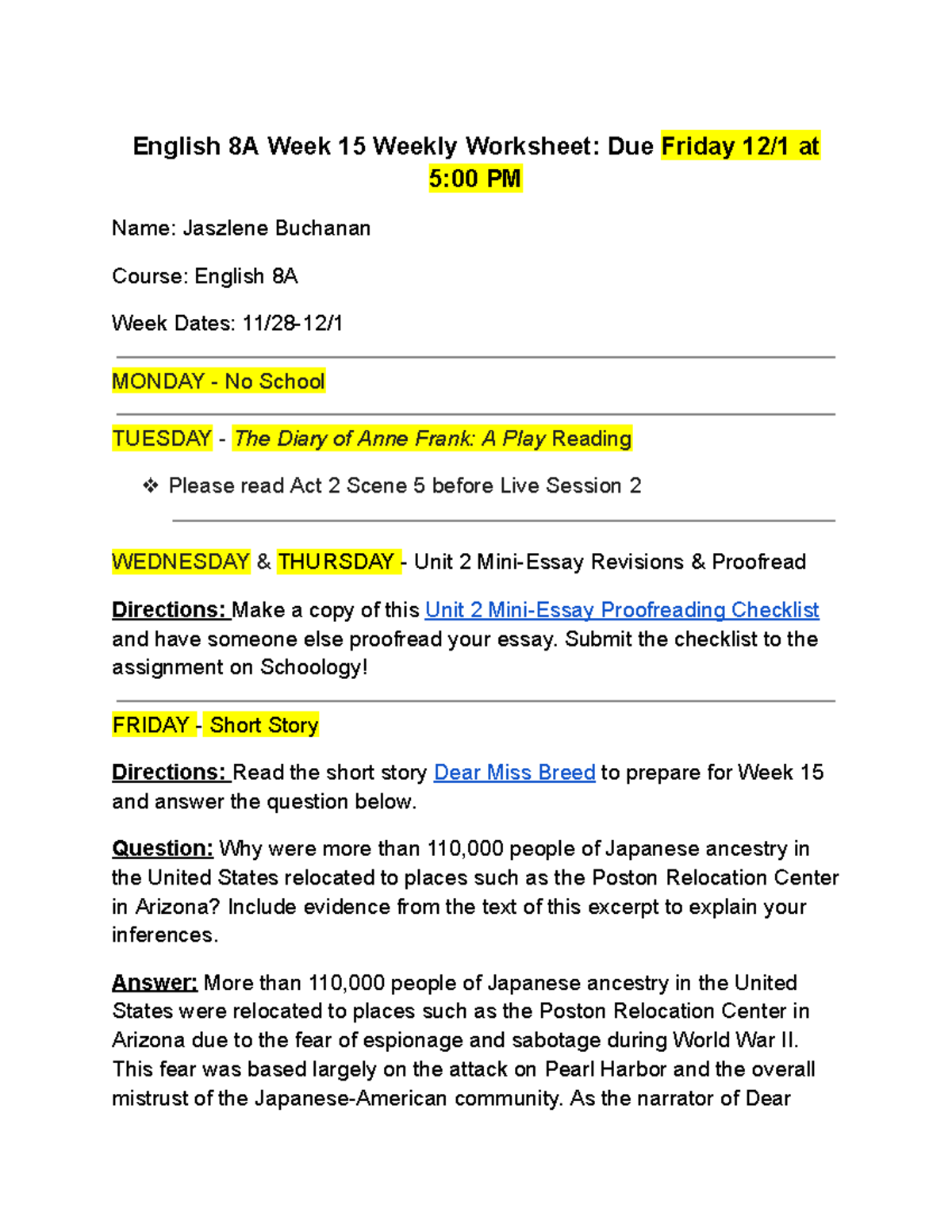 Copy of Week 15 English 8 Weekly Worksheet 23-24 - English 8A Week 15 ...