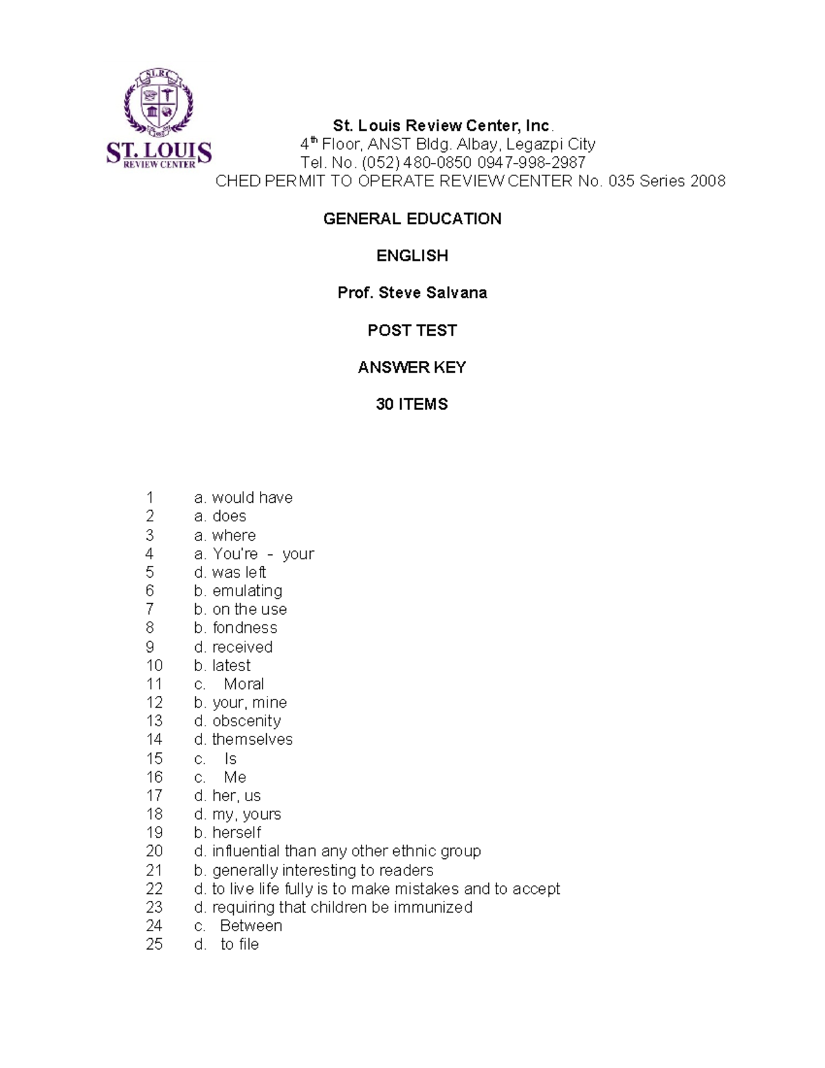 POST TEST GEN ED English Answer KEY - St. Louis Review Center, Inc. 4 ...