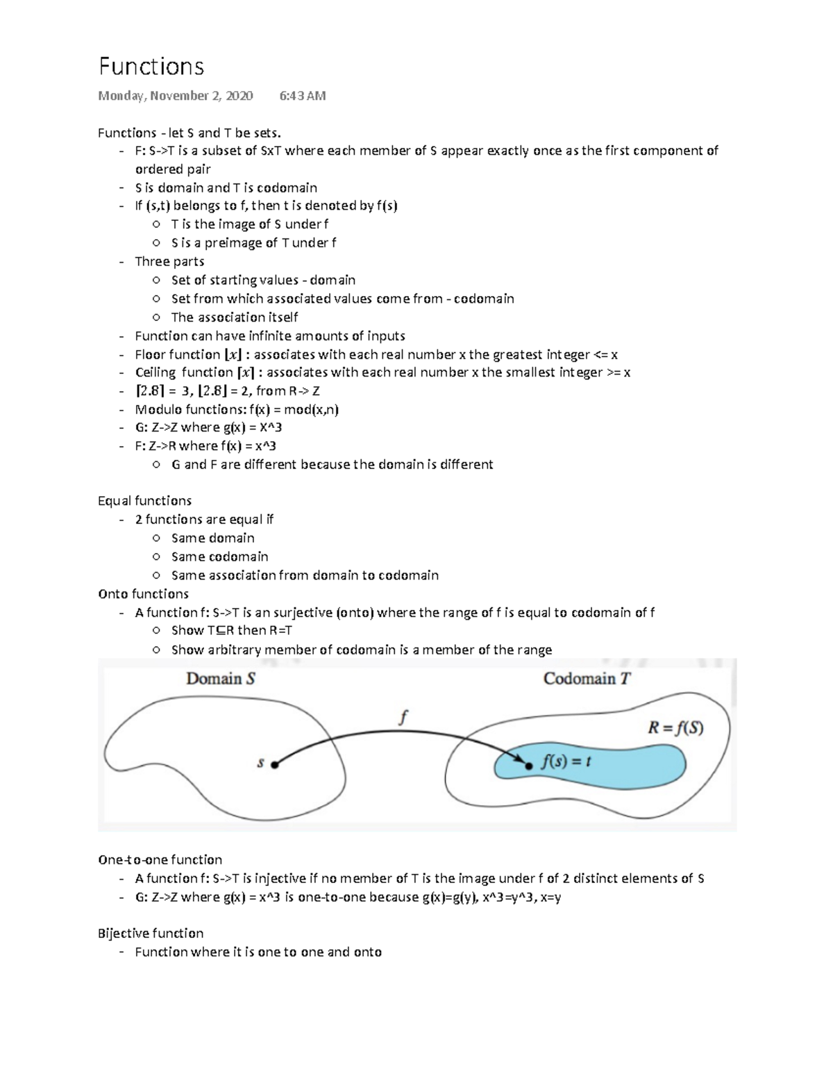 CS1300 function sets - Functions - let S and T be sets. F: S->T is a subset of SxT where each ...