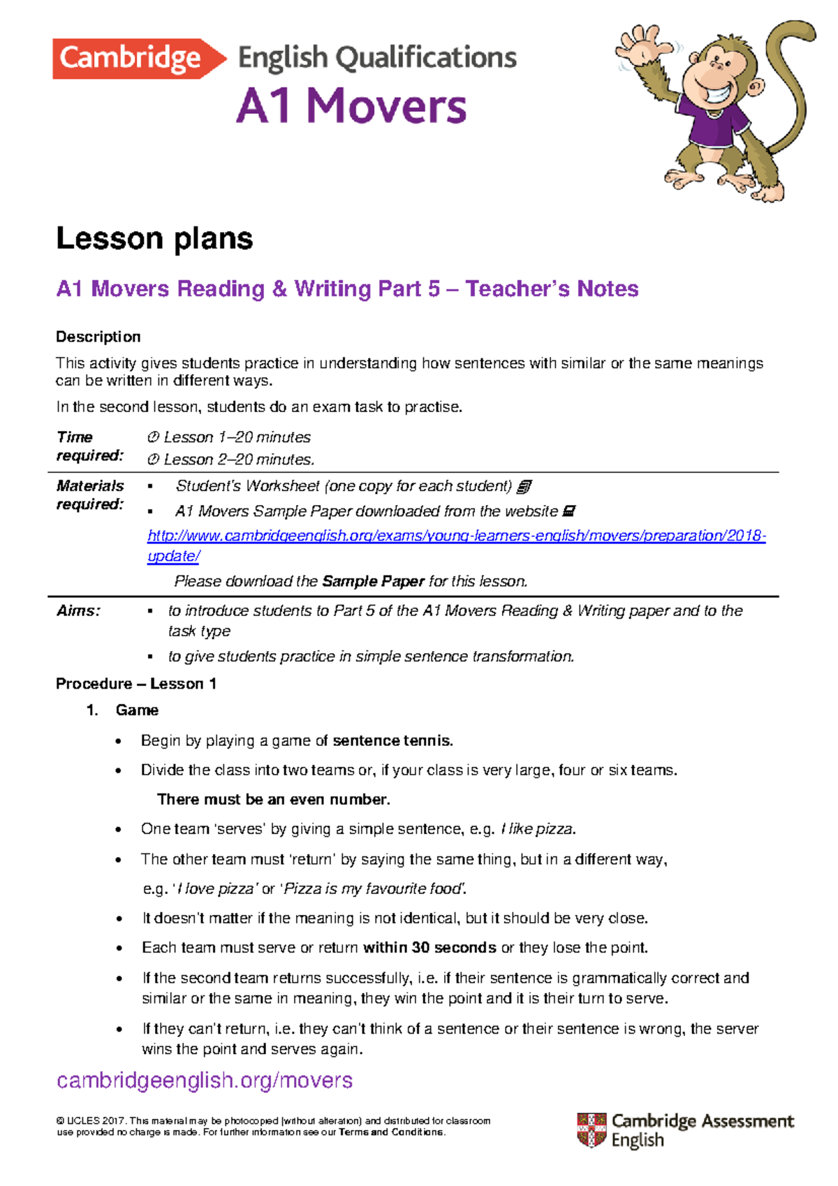 A1 Movers 2018 Reading and Writing Part 5 - © UCLES 2017. This material ...