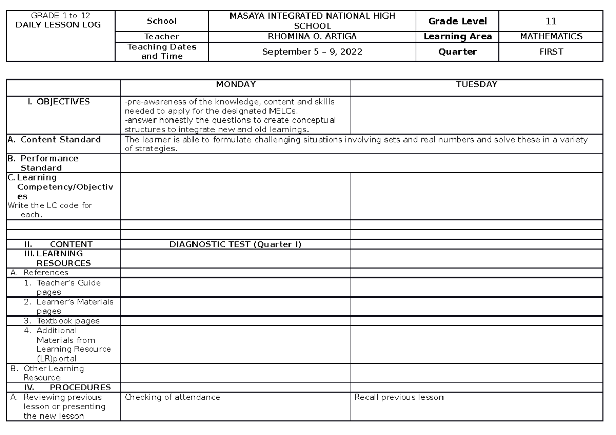 DLL-Math-7-22-23 (1) WEEK 4 - GRADE 1 to 12 DAILY LESSON LOG School ...