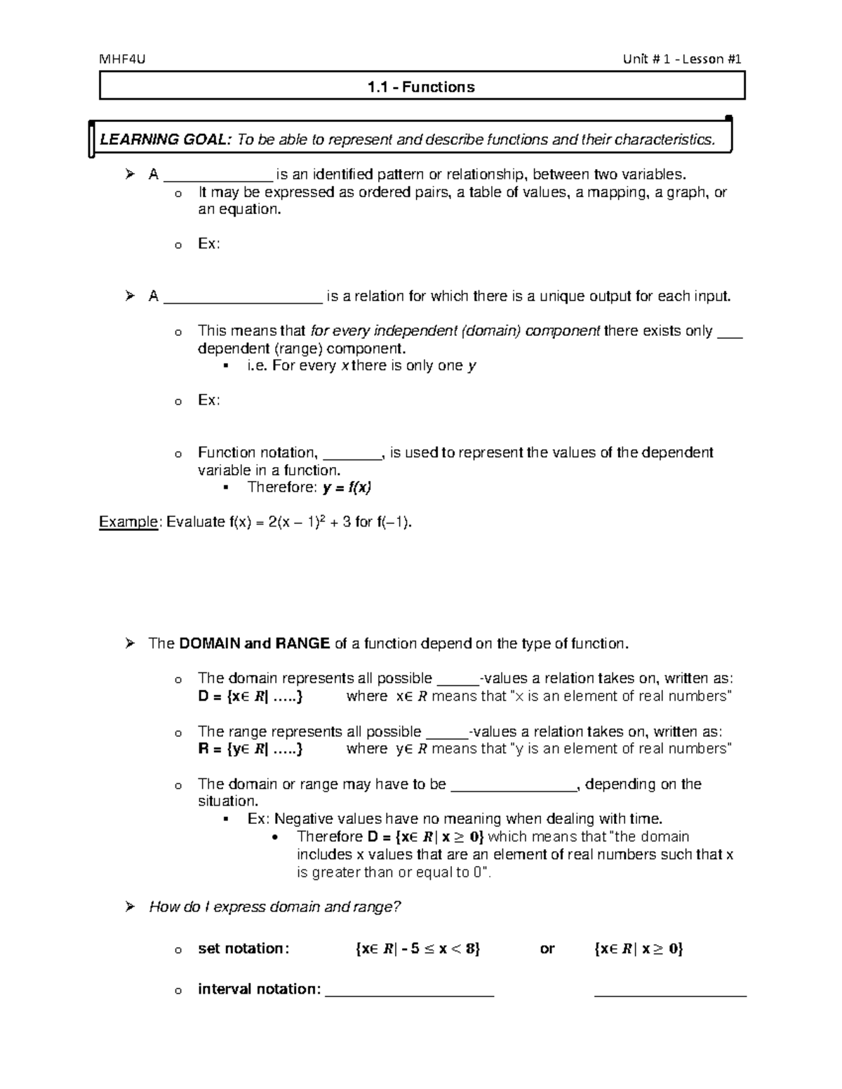 Mhf4u - unit 1 - 1.1 functions student - 1 - Functions LEARNING GOAL ...