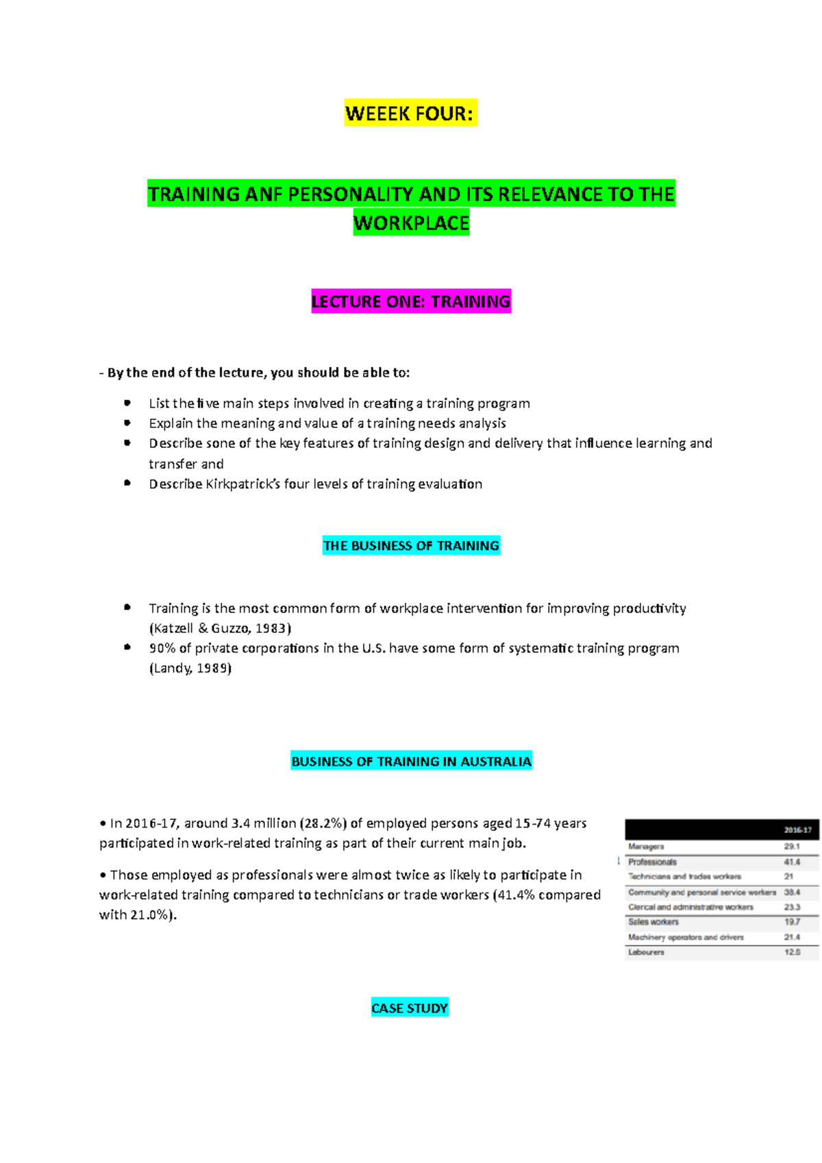 Weeek FOUR-SIX - Lectures - WEEEK FOUR: TRAINING ANF PERSONALITY AND ...