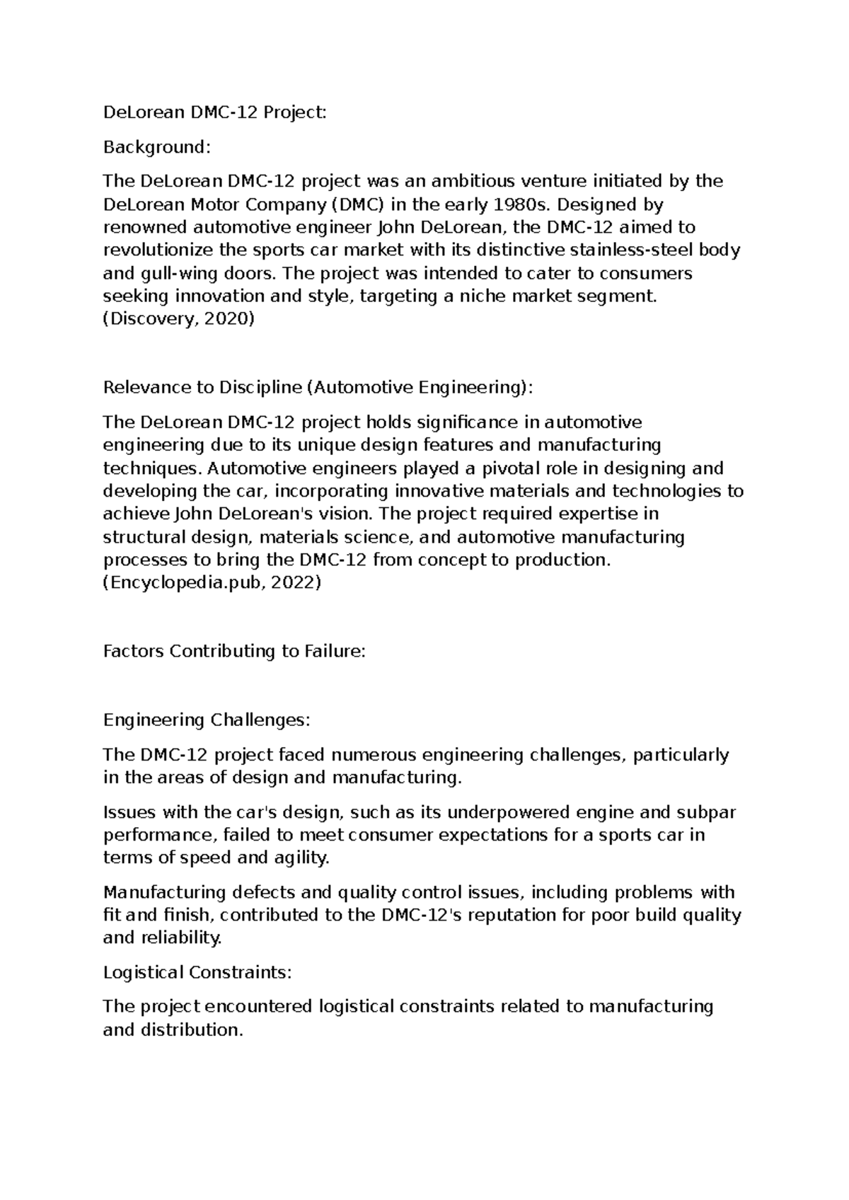 AT1 48260 Assignment 1 - DeLorean DMC-12 Project: Background: The ...