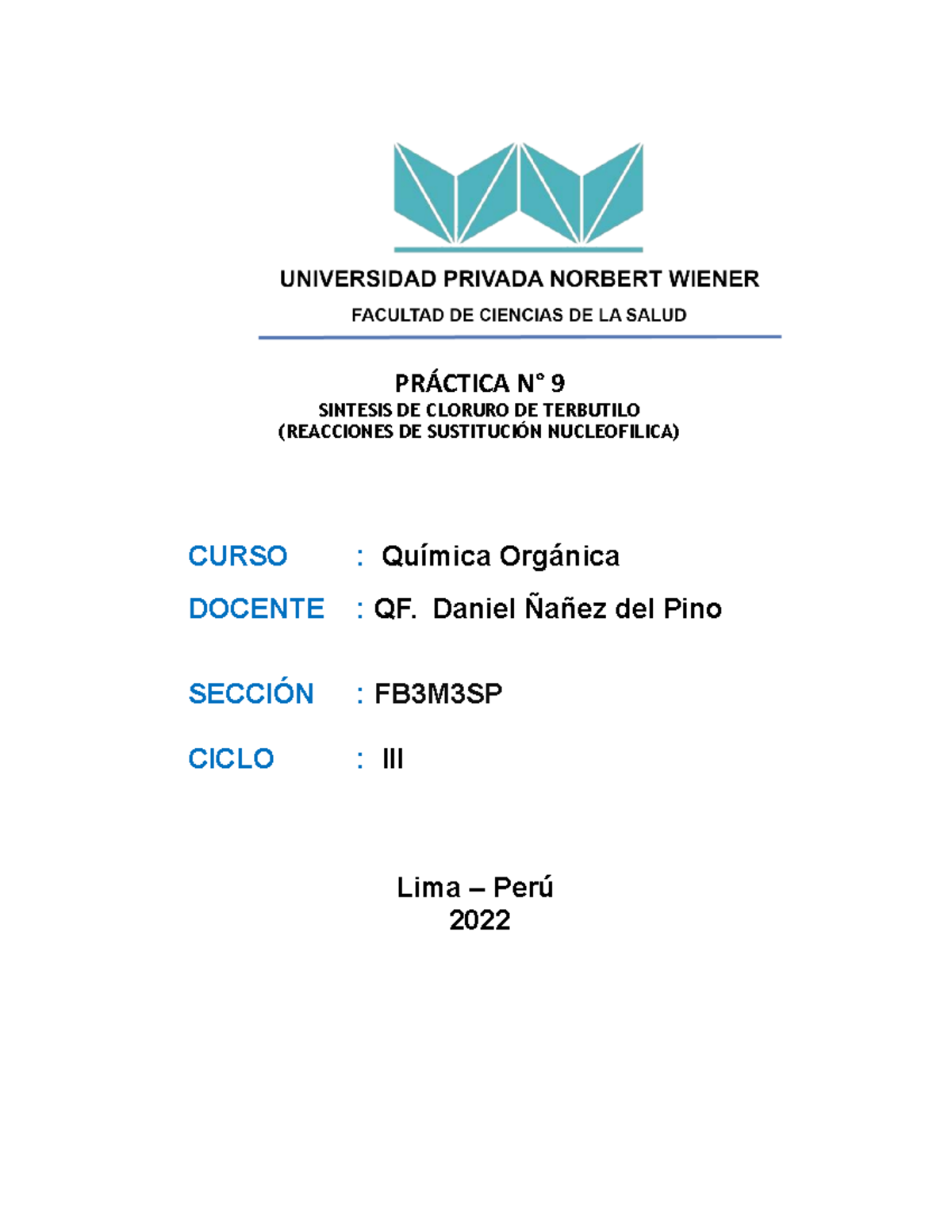Informe N° 9 DE Terbutilo - PRÁCTICA N° 9 SINTESIS DE CLORURO DE ...